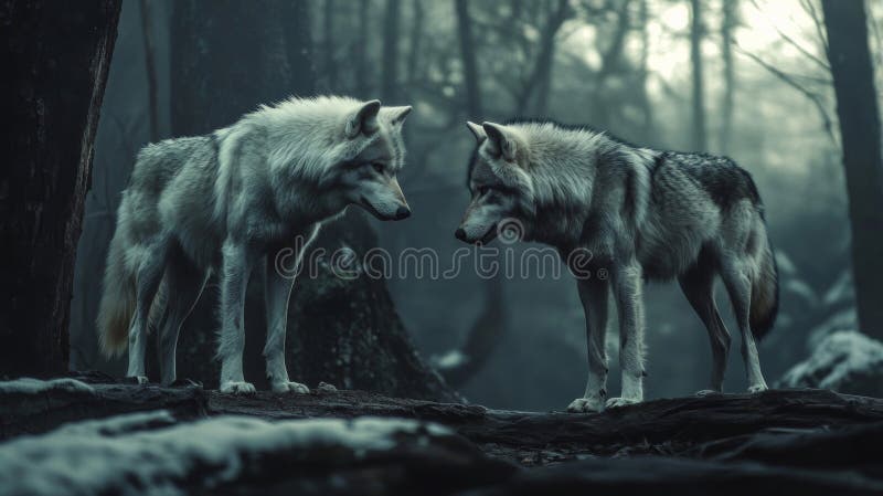 Two Grey Wolves Facing Each Other in a Dark Winter Forest Stock ...