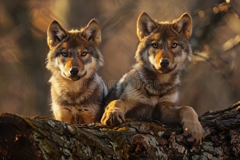 Two Grey Wolves Sitting on a Tree Trunk in the Forest at Sunset Stock ...