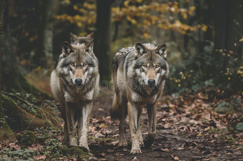 Two Grey Wolves Walking on a Path in the Forest Stock Photo - Image of ...