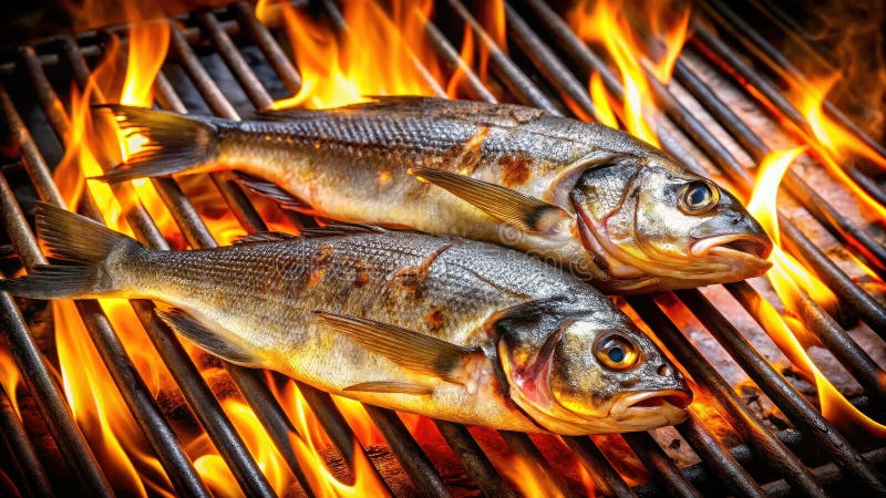 Two Grilled Fish Cooking Over an Open Flame on a Barbecue Grill ...