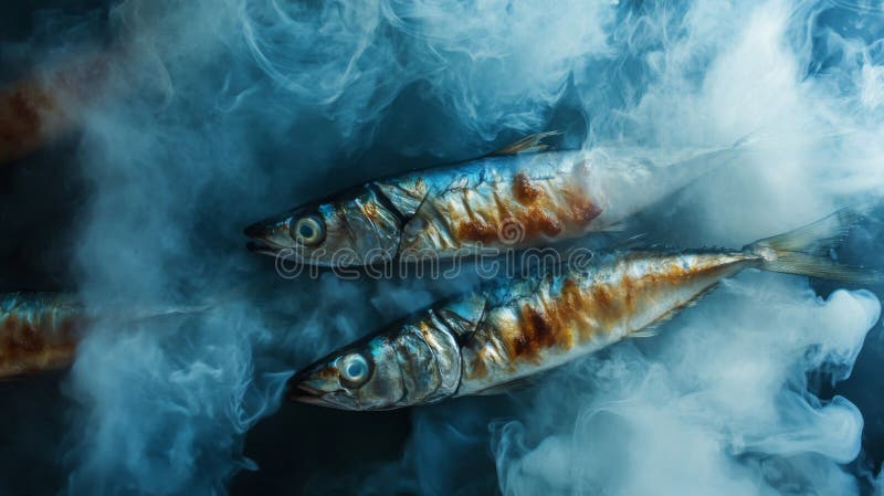 Two Grilled Fish on Smoky Blue Background Stock Illustration ...