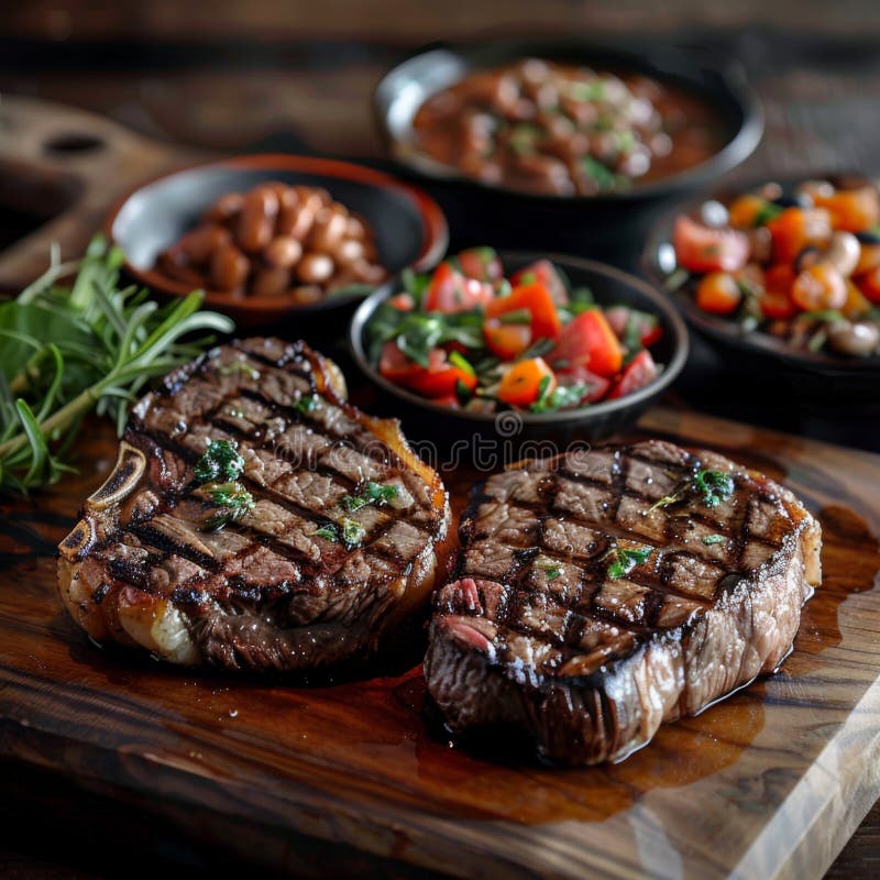 Two Grilled Steak Cuts on Wooden Cutting Board with Sides Stock ...