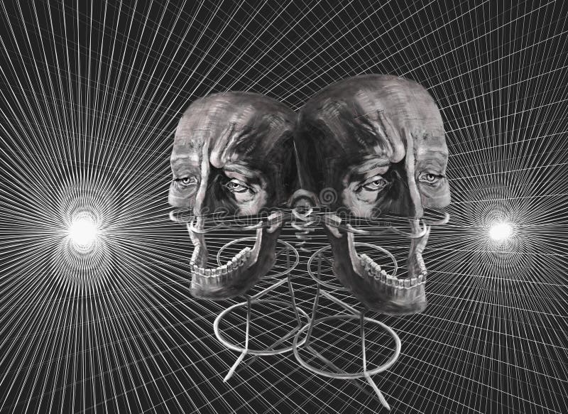 Two Grotesque Heads on a Perspective Grid Background. Surreal ...