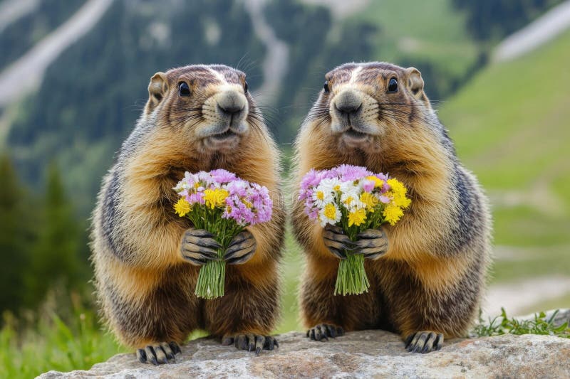 Two Groundhogs Holding Flowers on a Rocky Surface Stock Photo - Image ...