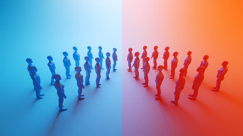 Two Groups of People Facing Each Other on Blue and Red Background Stock ...