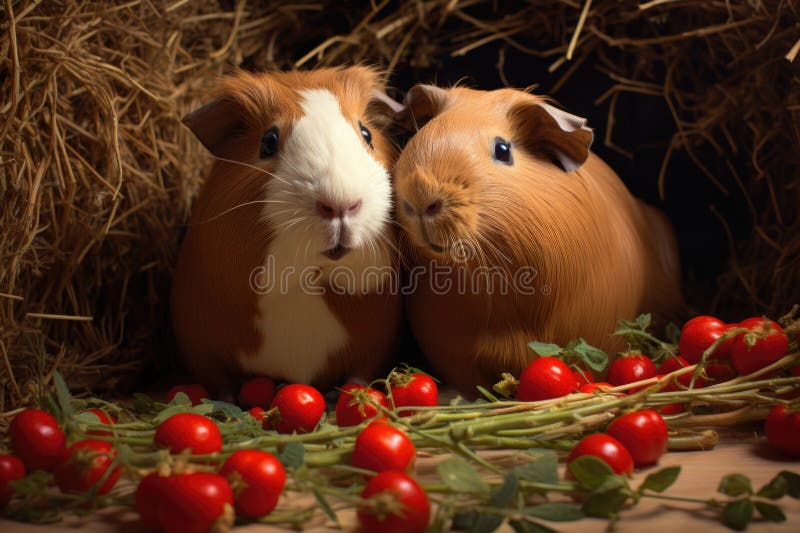 Two Guinea Pigs Eating Hay from the Same Pile Stock Image - Image of ...