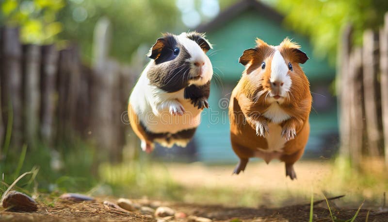 Two Guinea Pigs Jumping for Joy. Ai Generated Stock Illustration ...