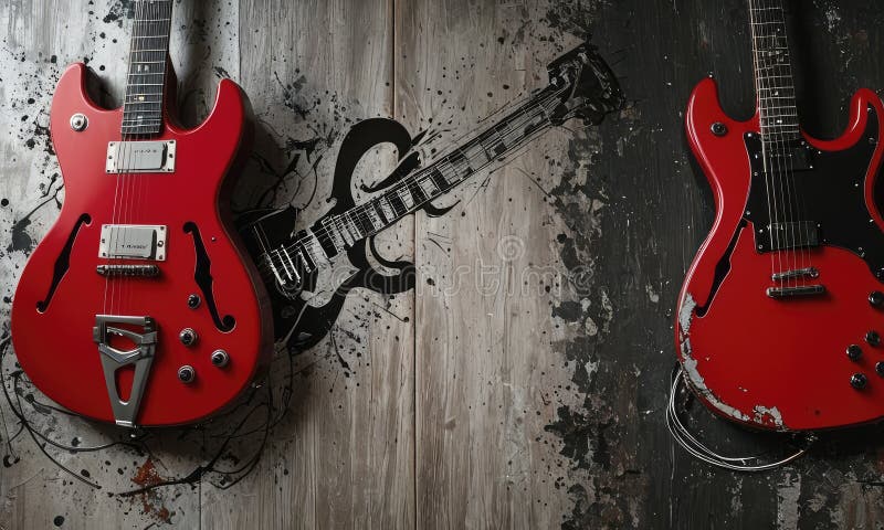 Two Guitars are Hanging on the Wall, One Red and One Black. the Guitars ...
