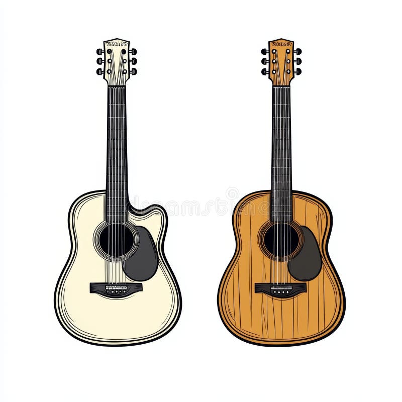 Two Guitars, One White and One Brown, are Drawn in a Cartoon Style ...