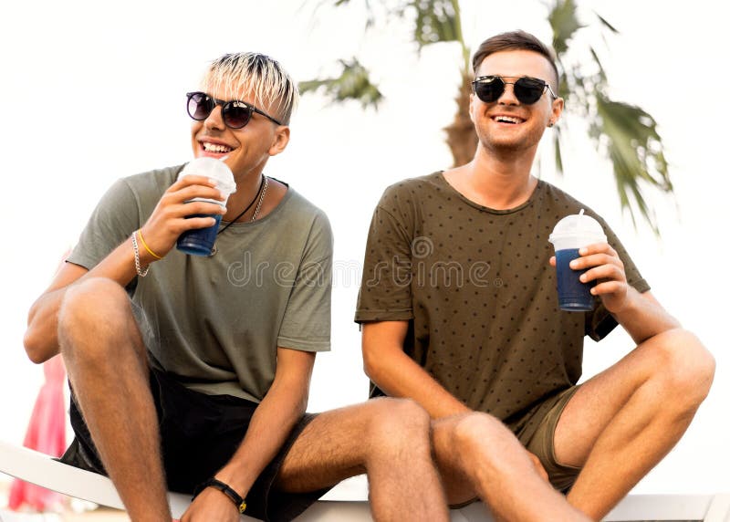 Two Guys Drink Cocktails on a Tropical Beach Stock Image - Image of ...