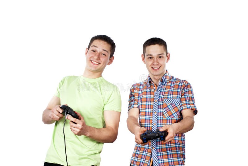 Two Guys Play Computer Games on the Joysticks Stock Image - Image of ...