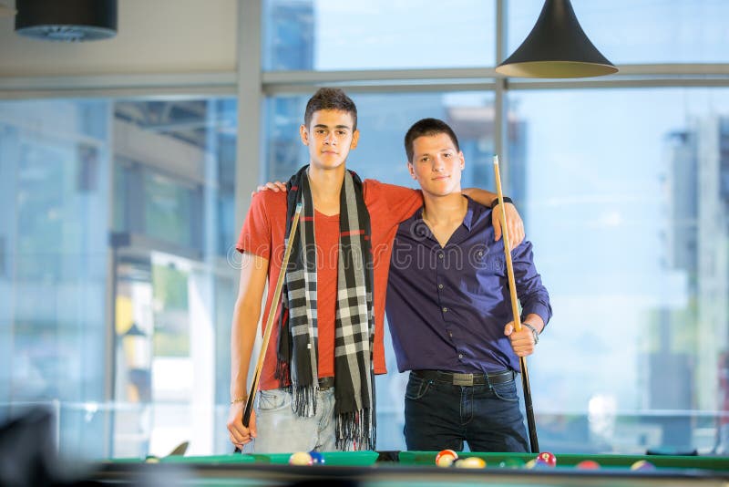 Two Guys in Pool Billiard Club Playing Pool Billiard Stock Image ...