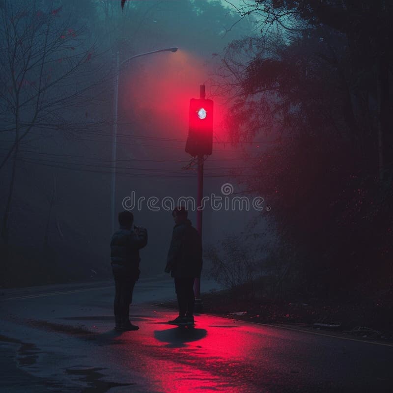 Two Guys Share a Laugh on a Roadside, with a Red Traffic Light in the ...