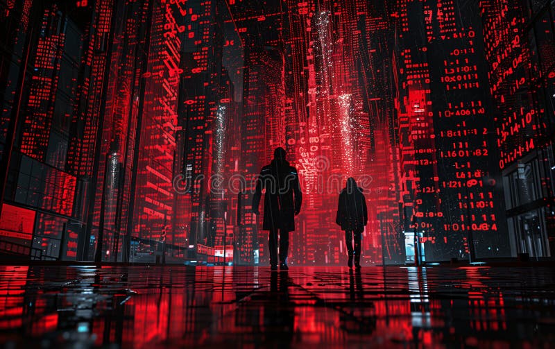 Two Hackers are Walking in a Futuristic City at Night Stock ...