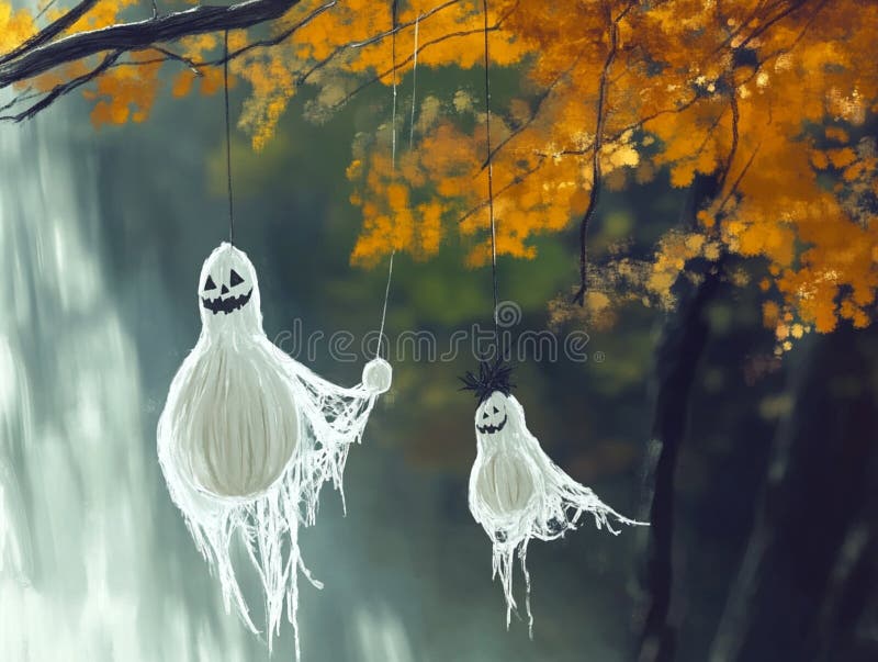 Two Halloween Ghosts Hanging from Tree Branch Over Waterfall Stock ...