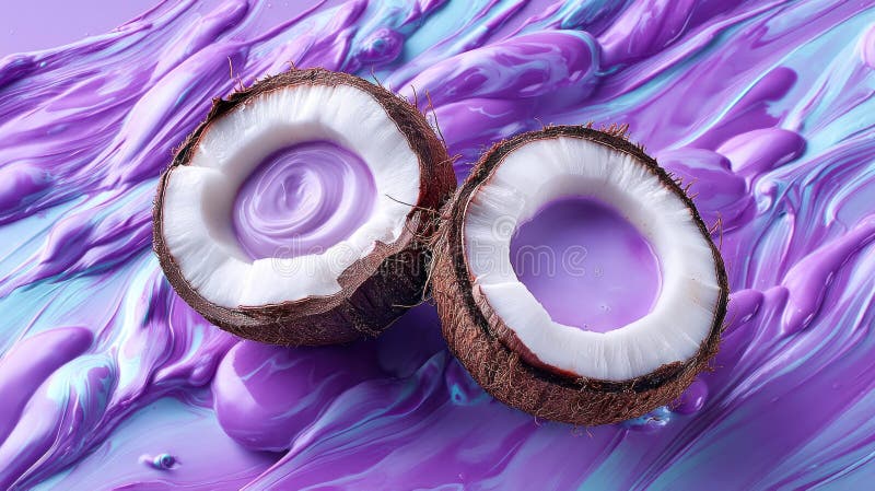 Two Halved Coconuts with Flowing Purple Paint Create a Vibrant and ...