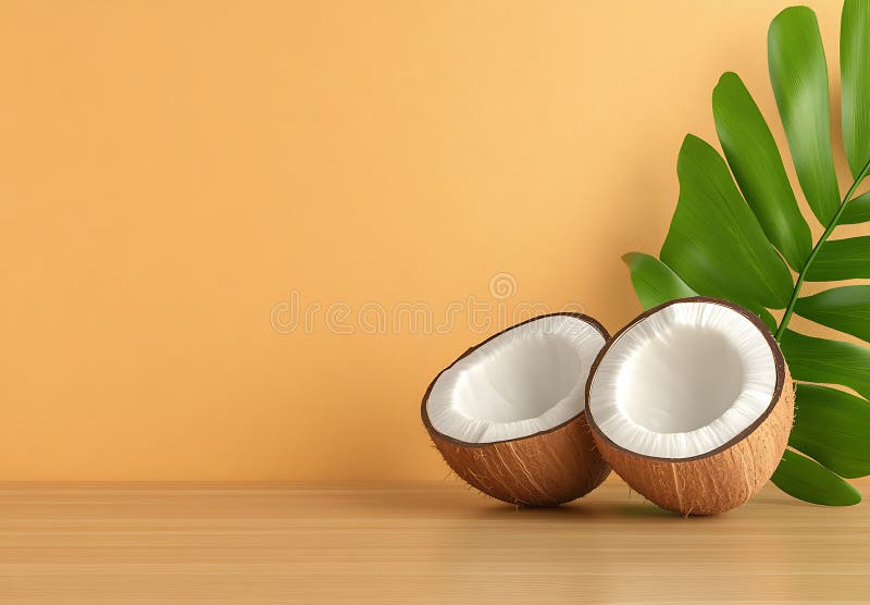 Two Halved Coconuts on Wooden Surface with Tropical Leaf Stock ...