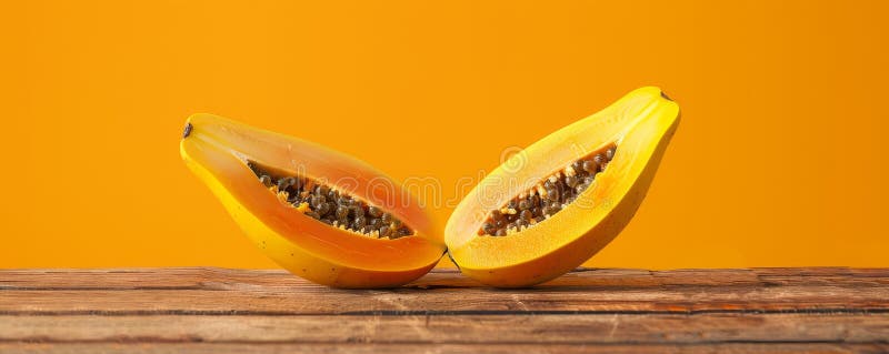 Two Halved Papayas on a Rustic Wooden Table, Vibrant Orange Background ...