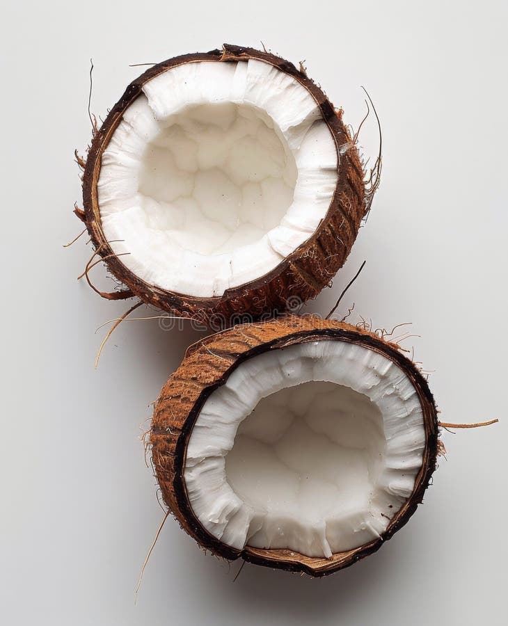 Two Halves of a Coconut on White Surface Stock Photo - Image of ...