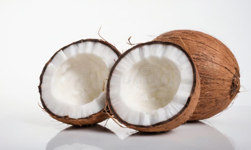 Two Halves of a Coconut on a White Surface Stock Image - Image of ...