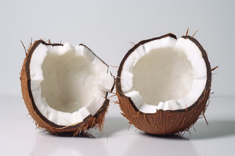 Two Halves of a Cracked Open Coconut on a White Surface Stock Photo ...