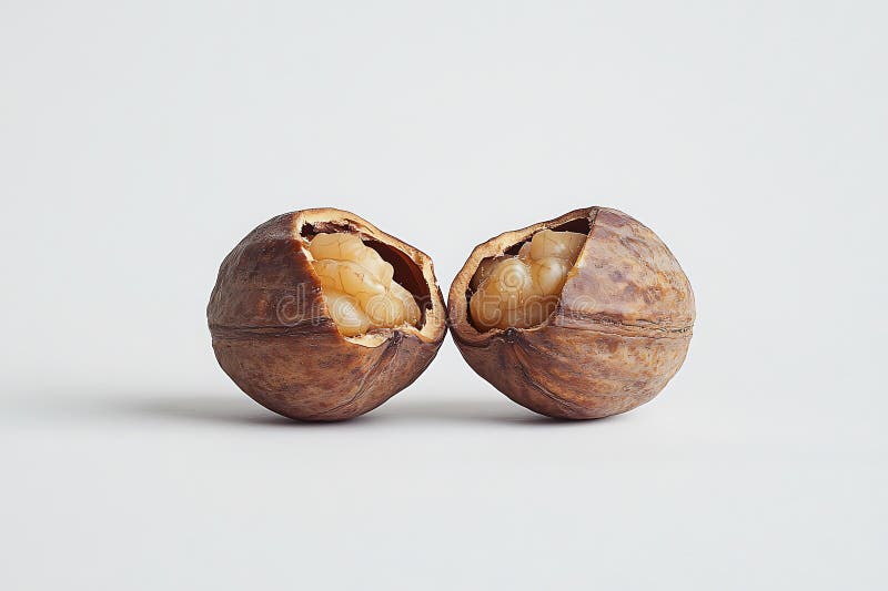 Two Halves of a Cracked Walnut Shell Showing the Nut Inside on White ...