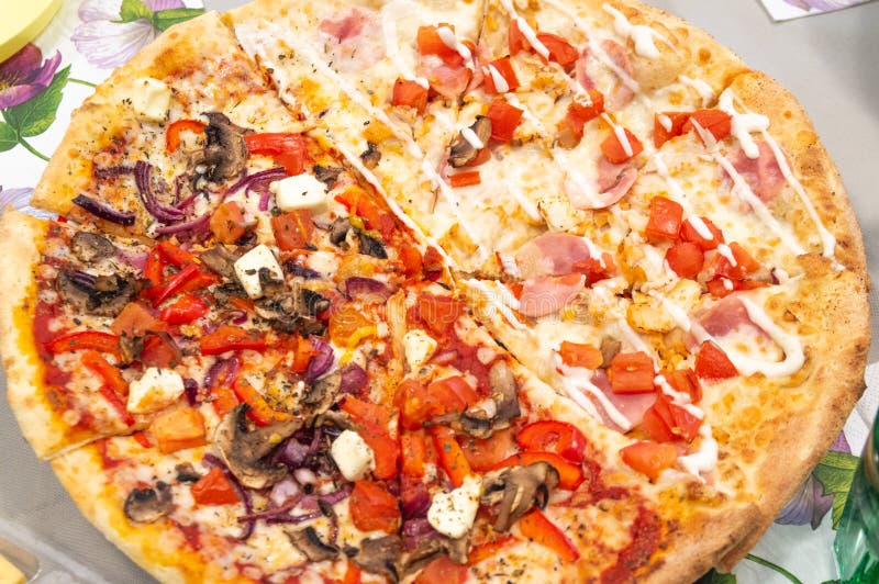 Two Halves of Different Pizzas on a Platter Stock Photo - Image of fast ...