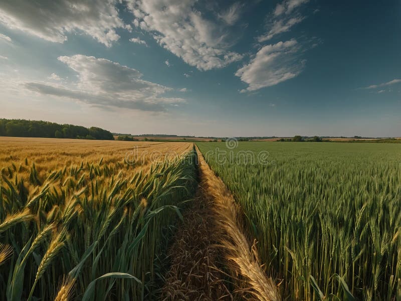 Two Halves of the Fields Yellow Wheat and Green Field. Stock ...