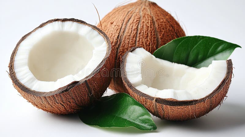 Two Halves of a Fresh Coconut with Green Leaves on a White Background ...
