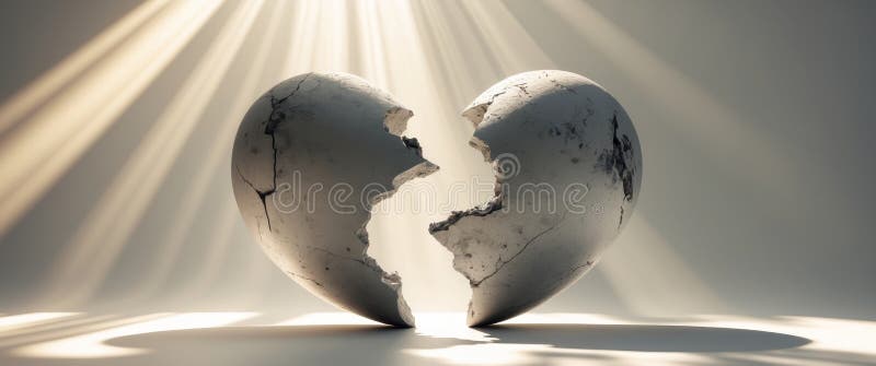 Two Halves of a Heart Symbol Divided with a Broken Gap Under Light Rays ...