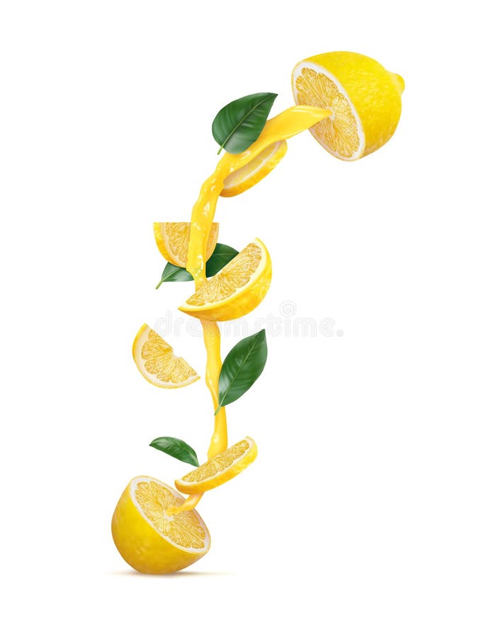 Two Halves of a Lemon with a Stream of Lemon Juice and Flying Slices of ...