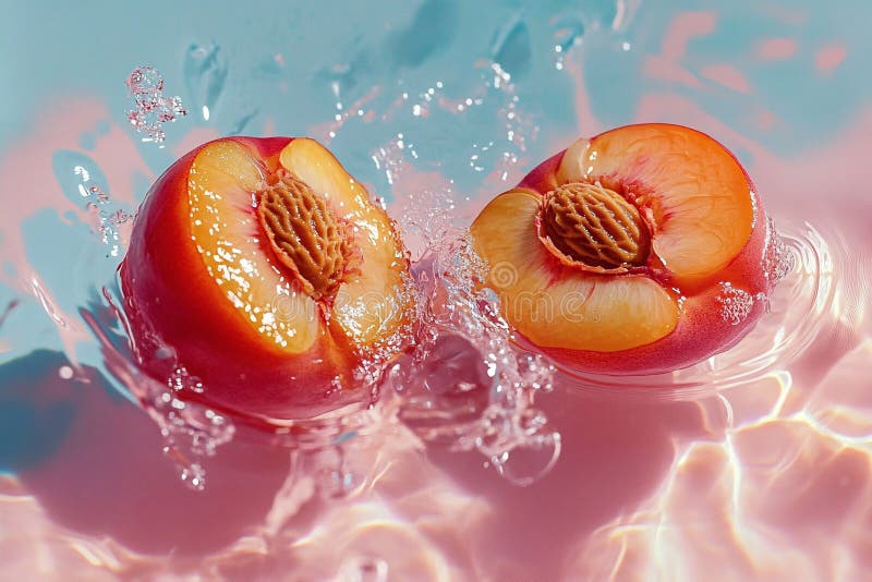 Two Halves of a Peach Fruit with Kernel in Water Stock Illustration ...