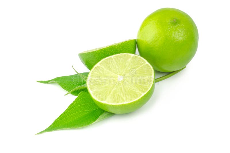 Two Halves and Whole Lime Isolated on White with Leaves Stock Photo ...