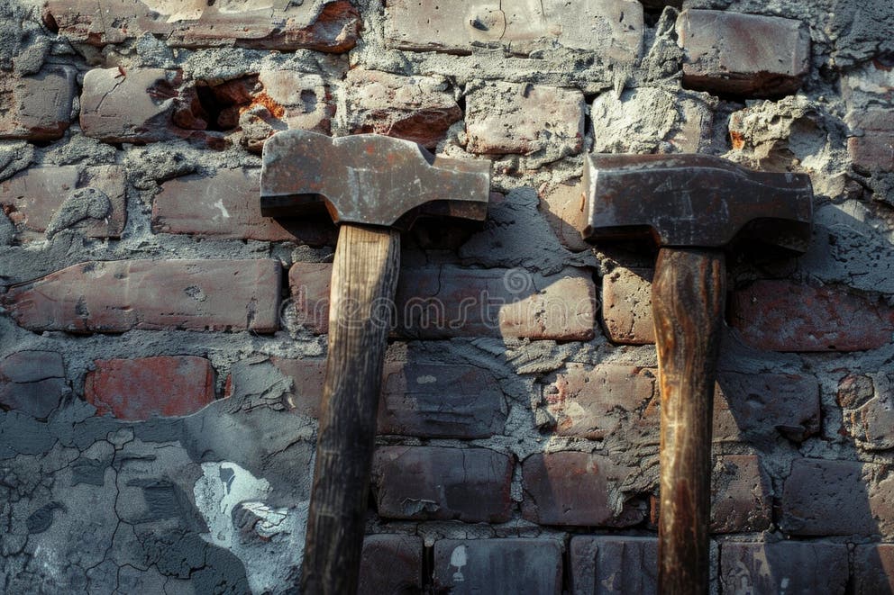 Two Hammers Leaning Against a Brick Wall. Suitable for Construction or ...