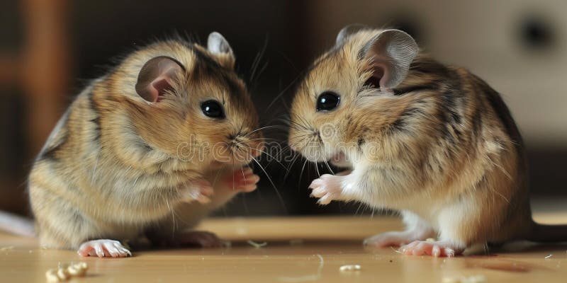 Two Hamsters Face Each Other on a Wooden Surface, Looking Alert and ...