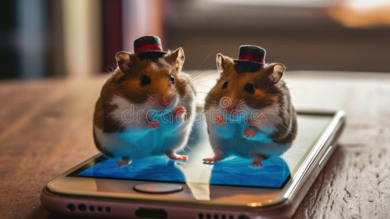 Two Hamsters Wearing Top Hats on a Cell Phone Screen, AI Stock Photo ...