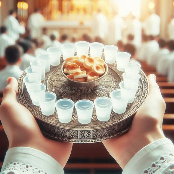 Two Hand Carrying the Holy Communion Tray with Cups and a Plate for the ...