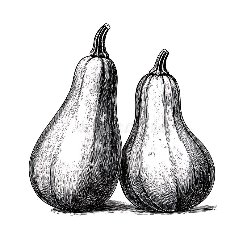 Two Hand-drawn Butternut Squash Ink Sketch Stock Illustration ...