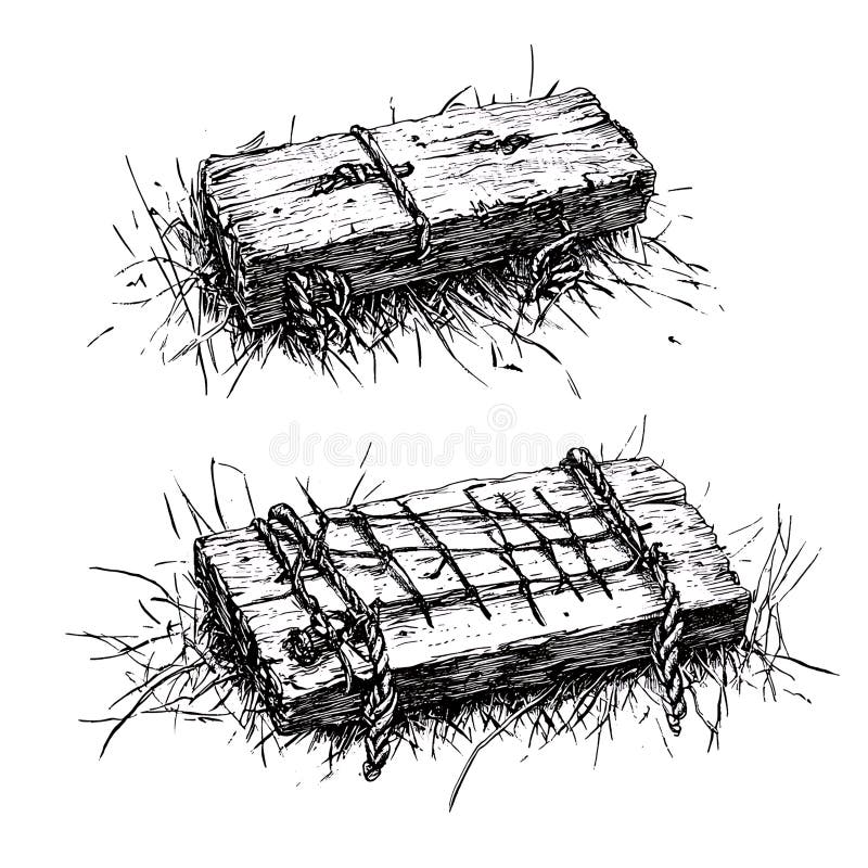 Two Hand-drawn Illustrations of Simple Wooden Traps in Grass Ink Sketch ...