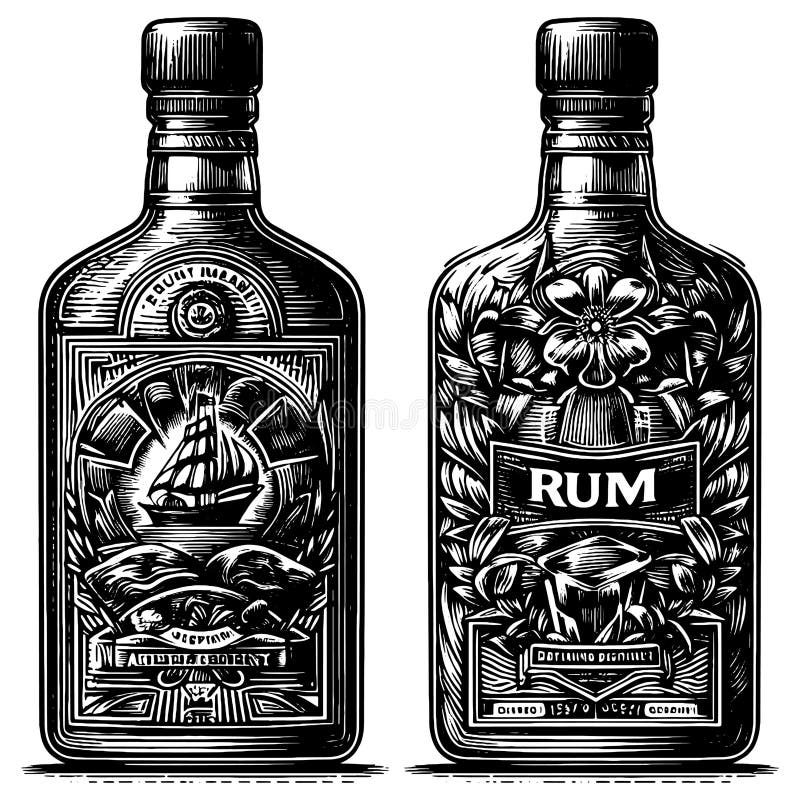 Hand Drawn Rum Bottle Labels with Intricate Designs on White Background ...