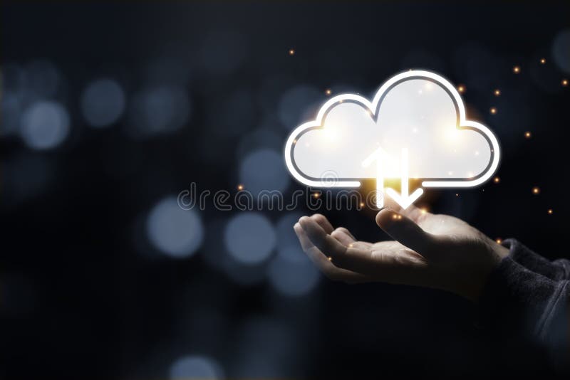 Two Hand Holding Illustration of Cloud Computer for Download and Upload ...