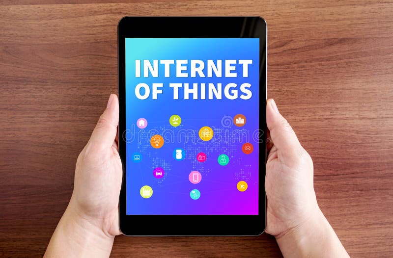 Two Hand Holding Tablet with Internet of Things IoT and Icon O Stock ...