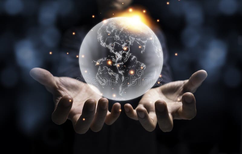 Two Hand Holding Virtual World with Orange Light. Information ...