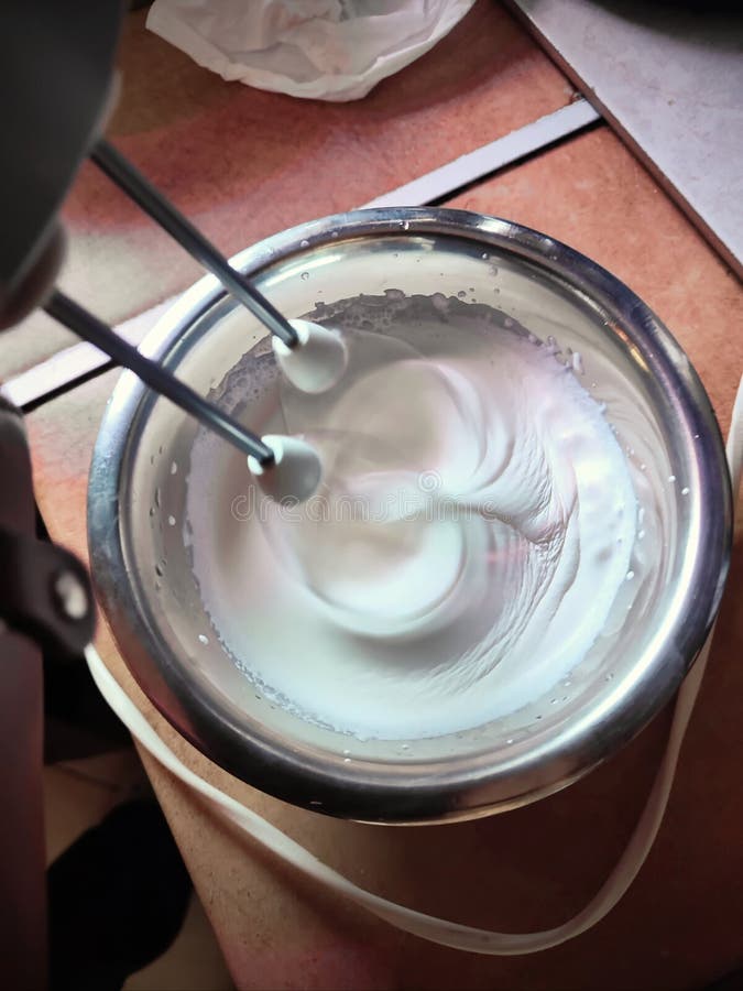 Two Hand Mixer Whisks in the Process of Whipping Fresh White Cream in a ...