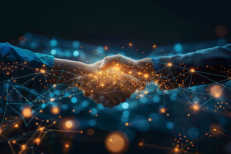 Two Hand Shaking with Digital Network Overlay, Work Collaboration ...