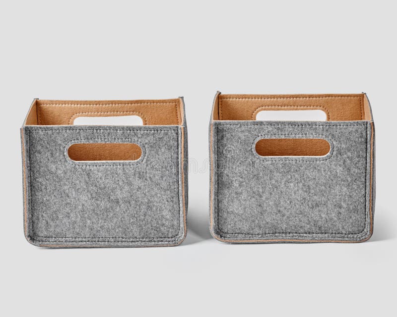 Two Handcrafted Boxes in Gray Felt with Slotted Handles for Storage of ...