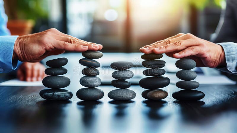 Two Hands Arranging Small Black Stones into a Balanced Structure ...