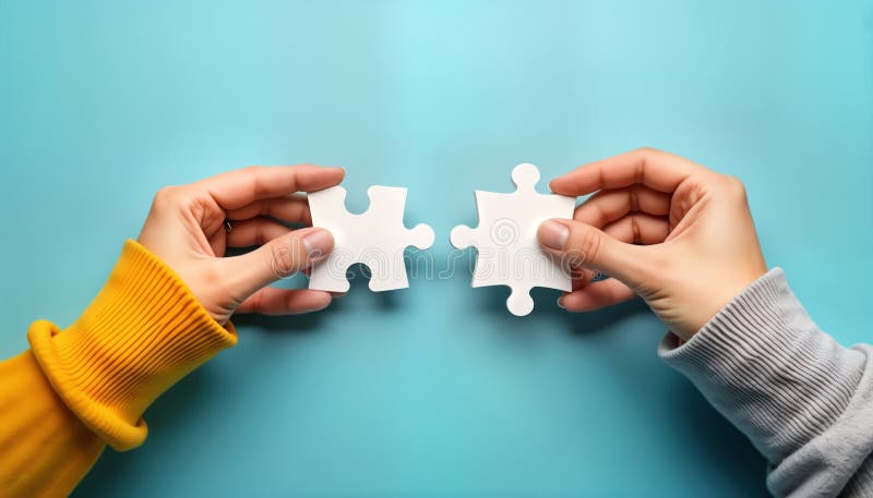 Two Hands Assemble Jigsaw Puzzle Pieces. Collaboration Concept. People ...