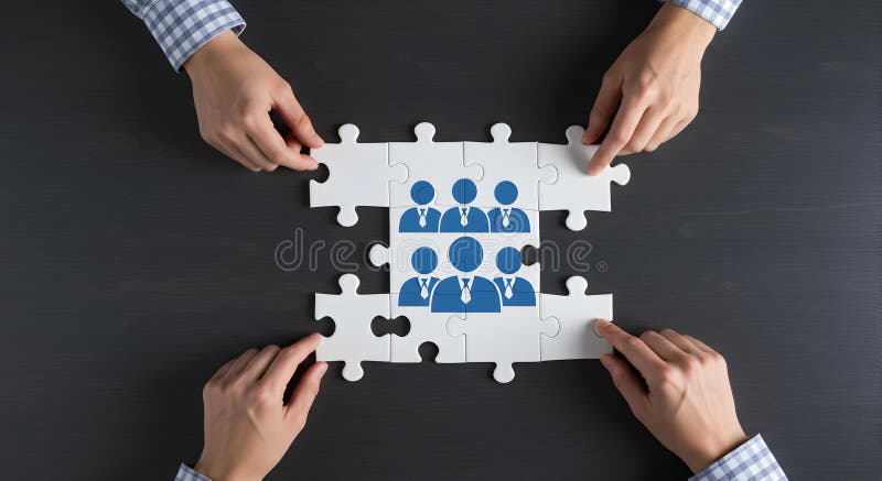 Hands Assembling Puzzle Pieces with Team Icon on a Dark Surface ...