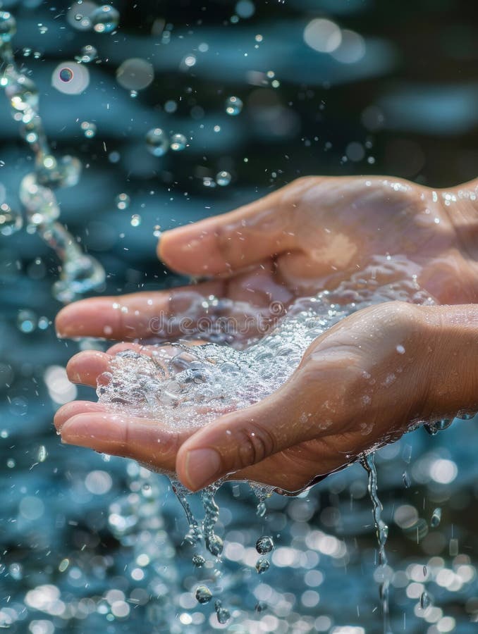 Two Hands are Being Washed, Cupping Water Flowing from a Clear Stream ...